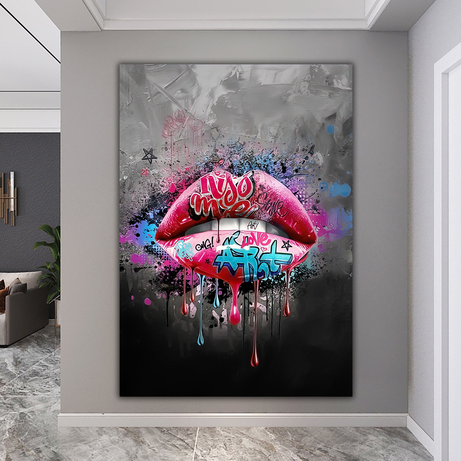 Graffiti Lip Canvas, Pop Art Lip Painting, Artistic Lip Art, Pink Lip ...