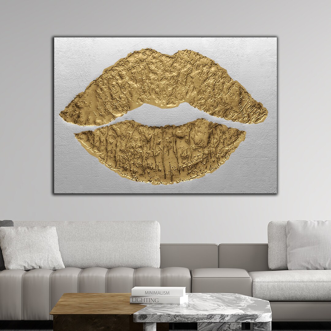 Gold Lip Canvas Painting, Lip Canvas Print, 3d Effect Canvas Art, Lips ...