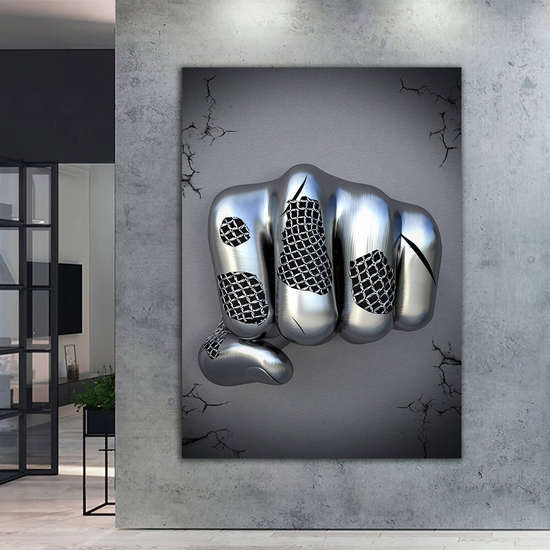 Hand, Fist Canvas Painting, Chain Fist Canvas Print, 3d Effect Silver ...