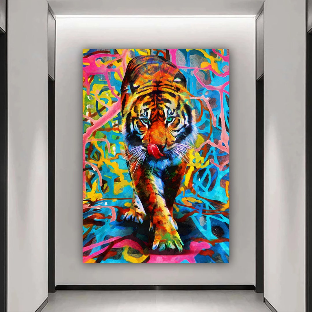 Colorful Tiger Canvas Painting, Tiger Canvas Print, Colorful Animal ...