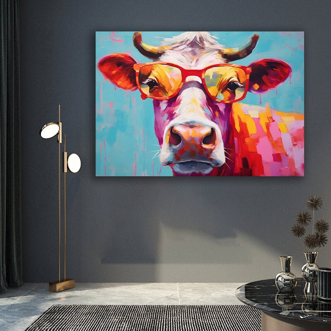 Funny Cow With Glasses Canvas Painting, Colourful Cow Canvas Print, Cow ...
