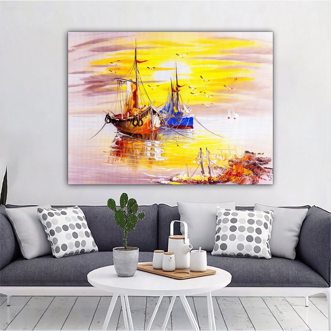 Fishing Boat Canvas, Color Boat Print, Oil Painting Ship Landscape ...