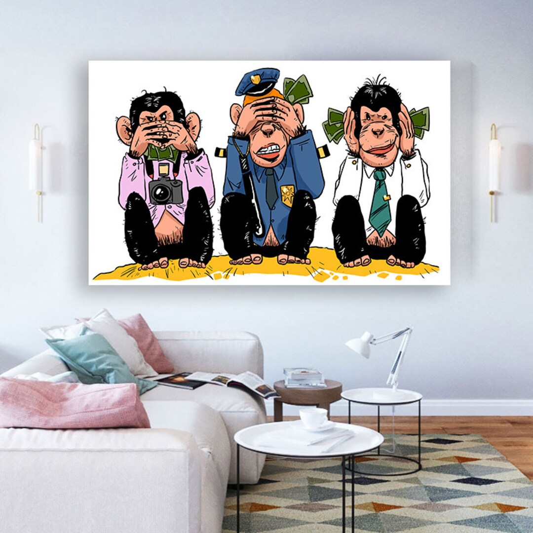 3 Monkeys Canvas, Three Monkey Wall Art, 3 Monkeys Poster Art, Animal ...