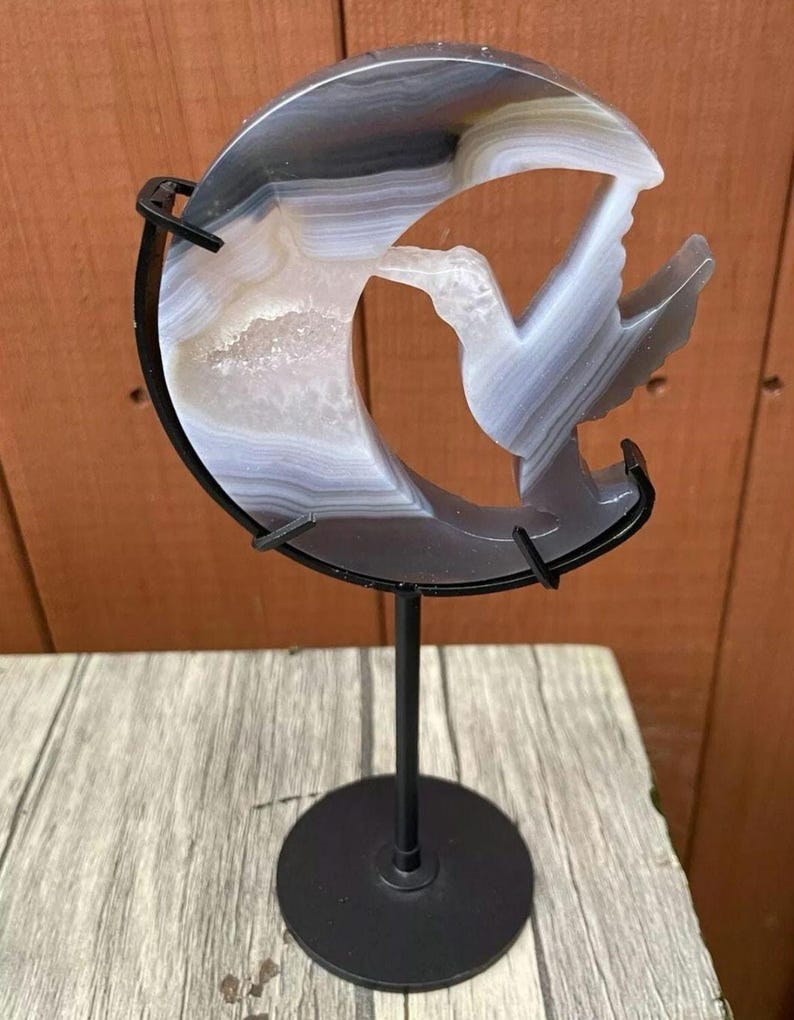 Black Agate Moon With Hummingbird Stand Natural Crystal - Etsy