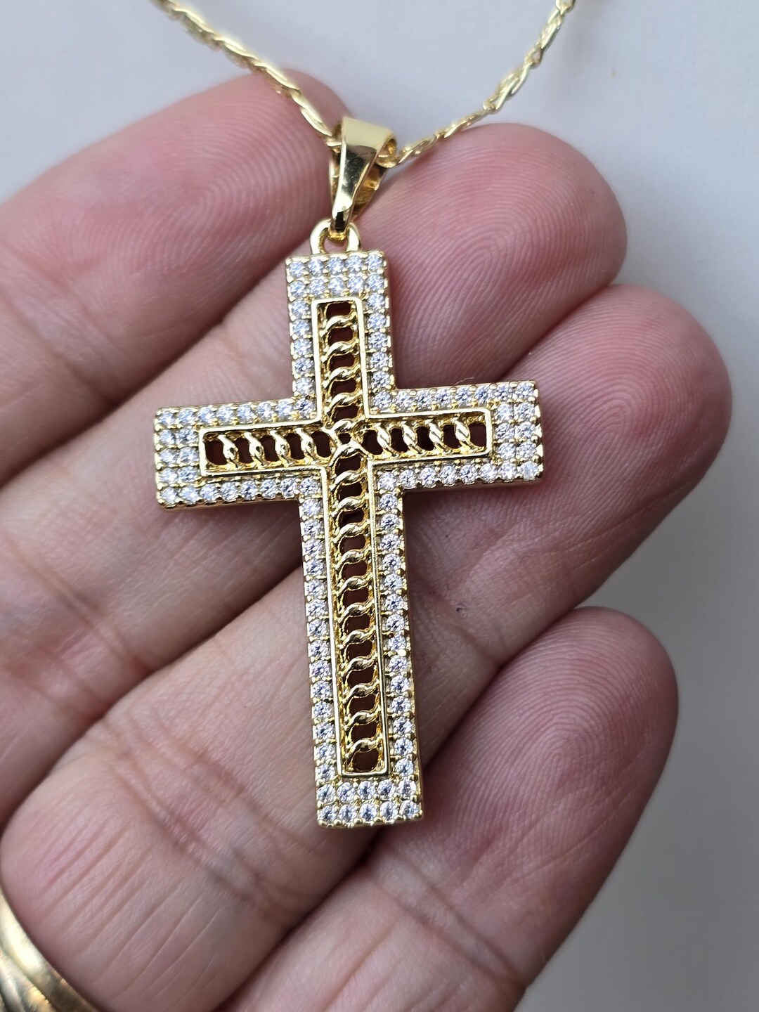 14k Gold Plated Cubic Zirconia Cross Pendant Necklace With 45cm 18 ...