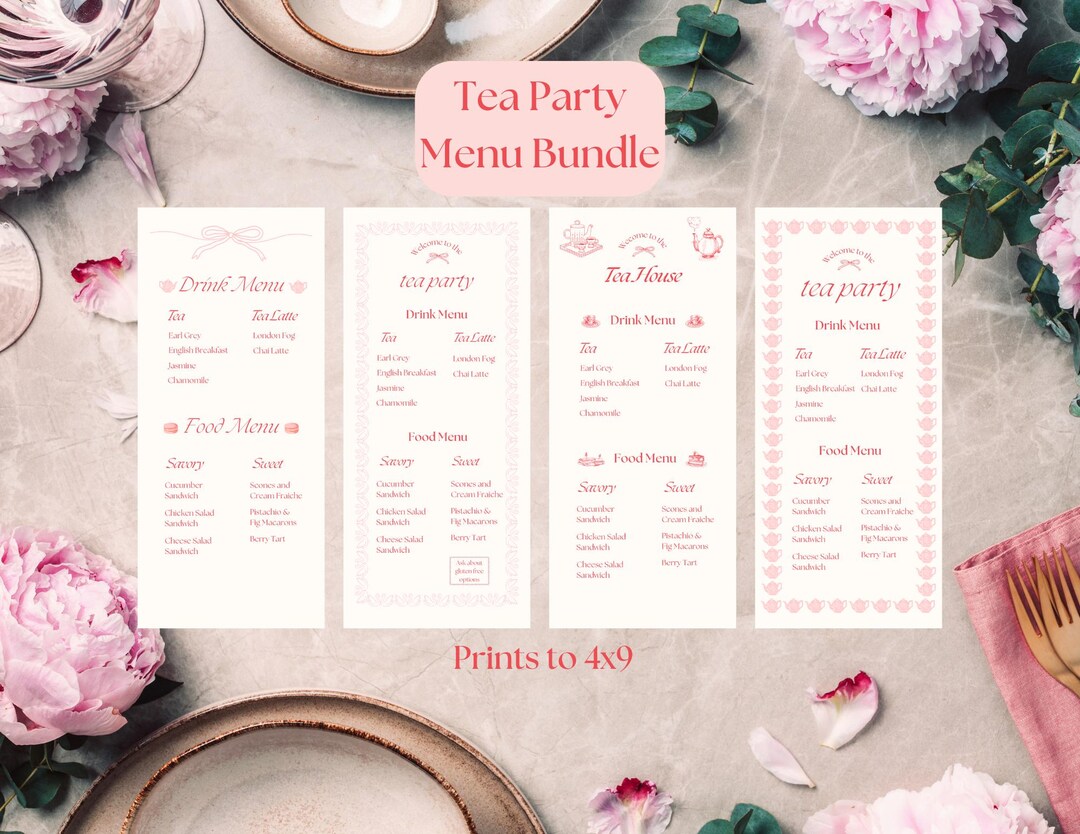 Tea Party Menu, Event Menu, Pretty Menu, Mother's Day, Bridal Shower ...