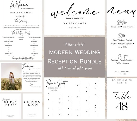 Modern Wedding Reception Signage Bundle 9 Signs Total | Etsy
