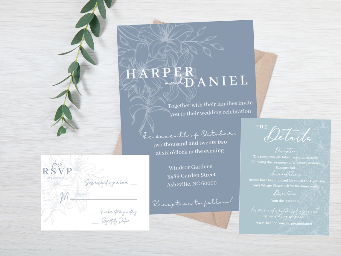 Dusty Blue Wedding Invitation Suite Invitations Details - Etsy