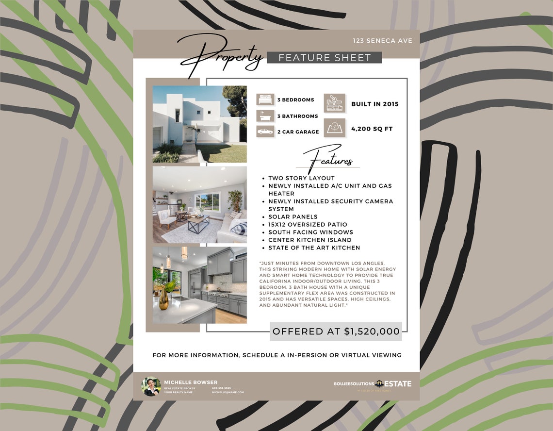 Property Brochure Real Estate Template Home Feature Sheet, Realtor, New ...