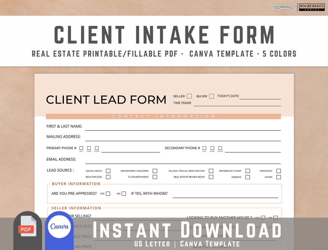 Client Intake Form | Client Information Form, Relator Intake Sheet Real ...