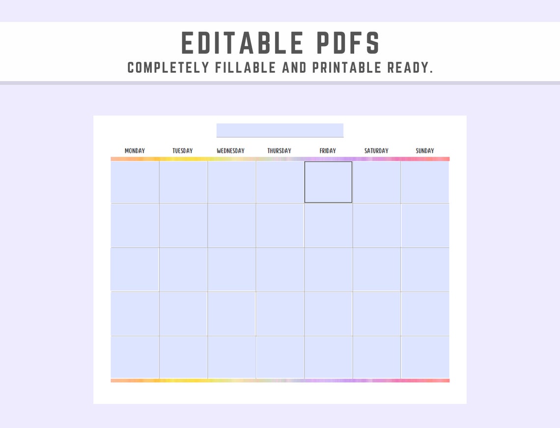 Blank Monthly Calendar Printable Landscape, Colorful Calendar Template ...