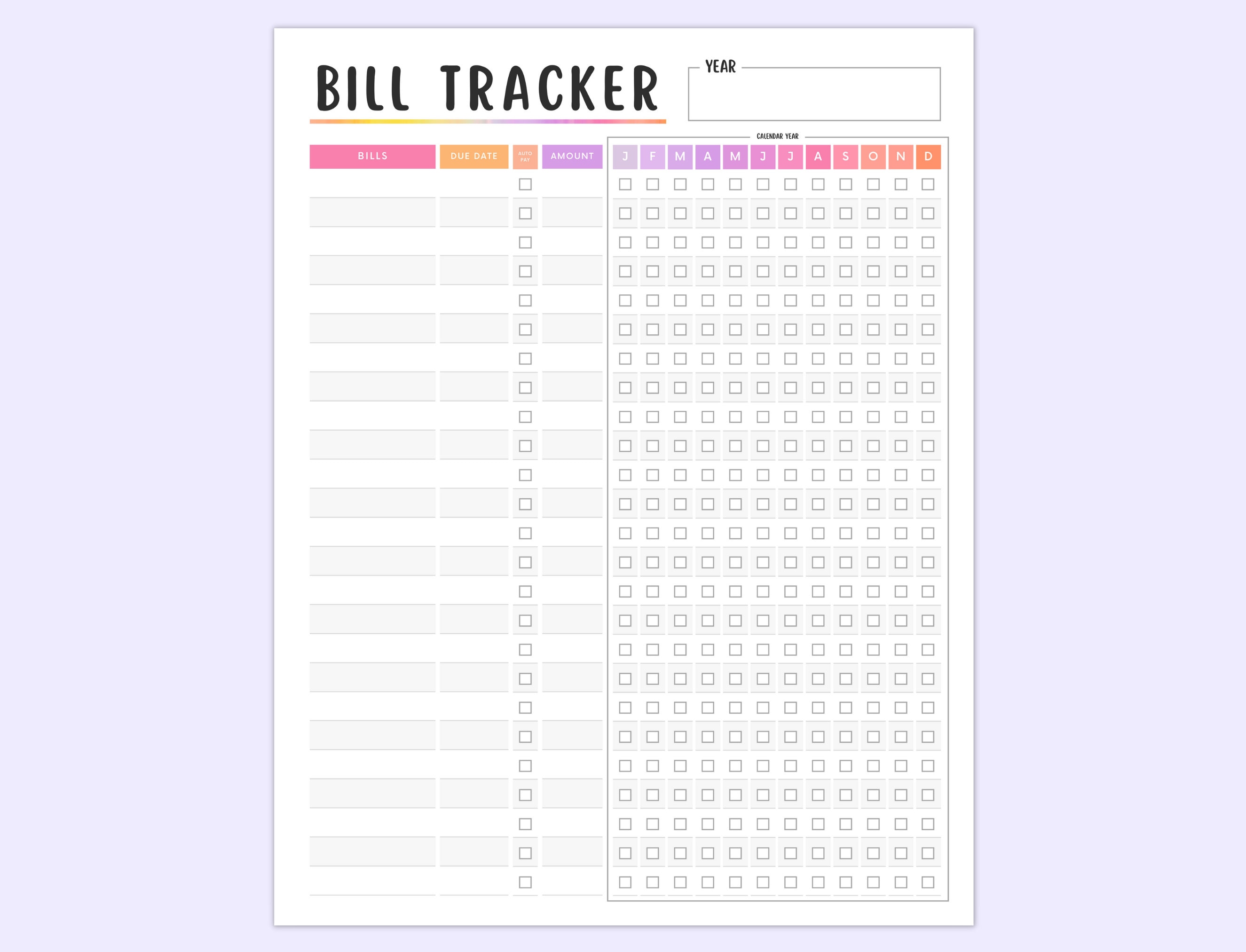 Bill Tracker | Bill Track Printable, Bill Pay Tracker, Monthly Bill ...