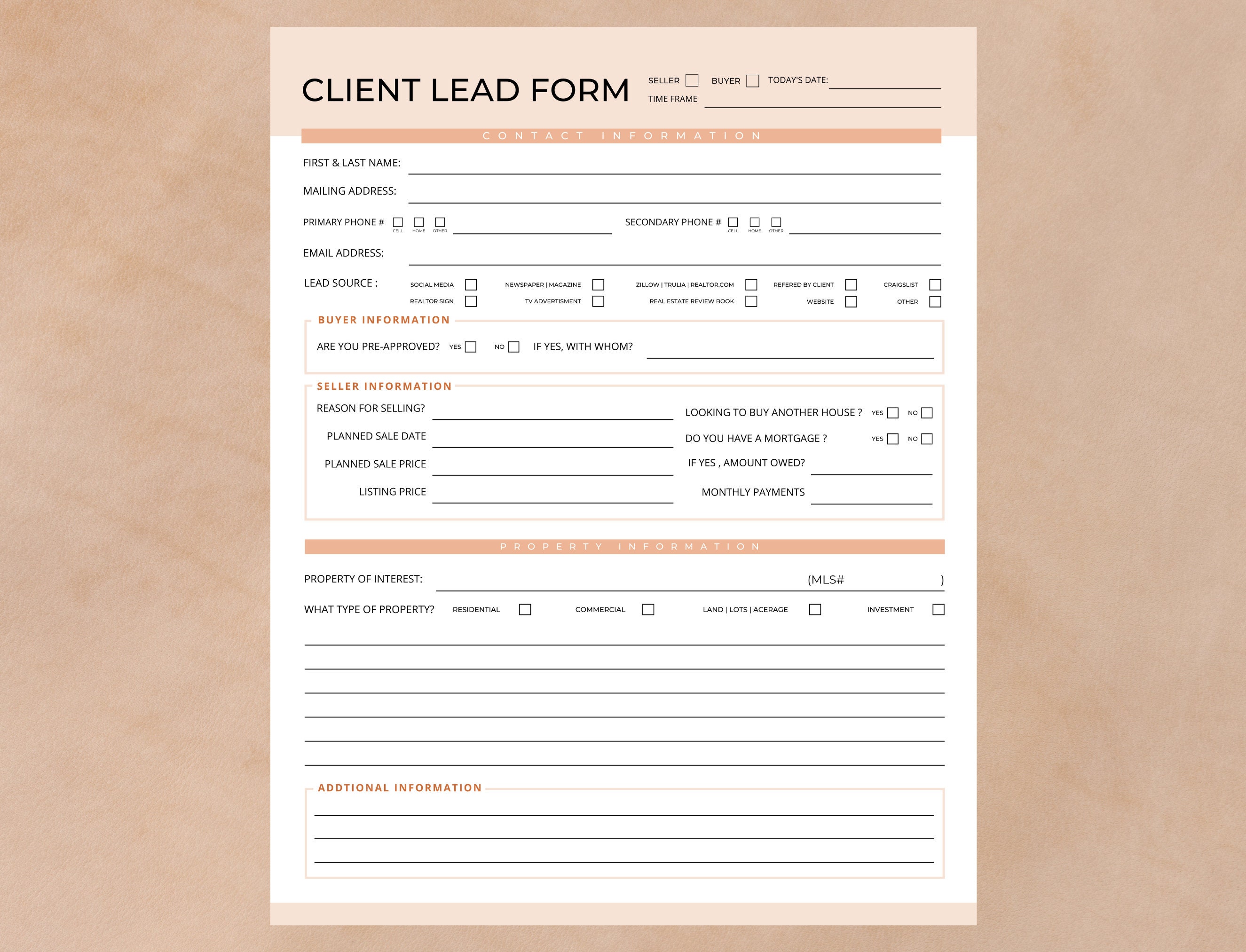 Client Intake Form | Client Information Form, Relator Intake Sheet Real ...
