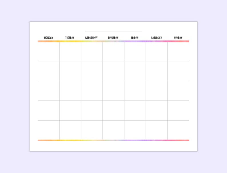 Blank Monthly Calendar Printable Landscape, Colorful Calendar Template ...