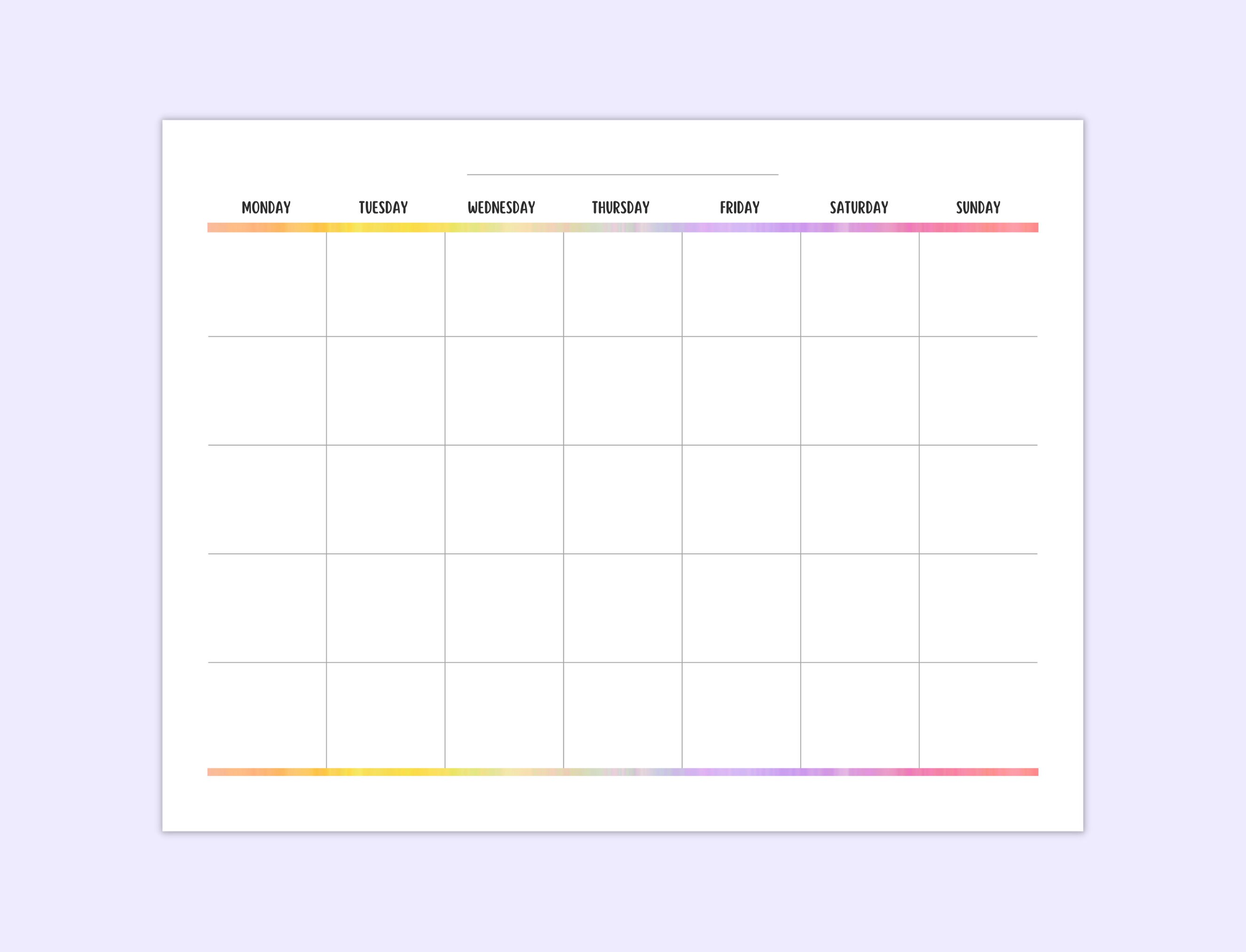 Blank Monthly Calendar Printable Landscape, Colorful Calendar Template ...