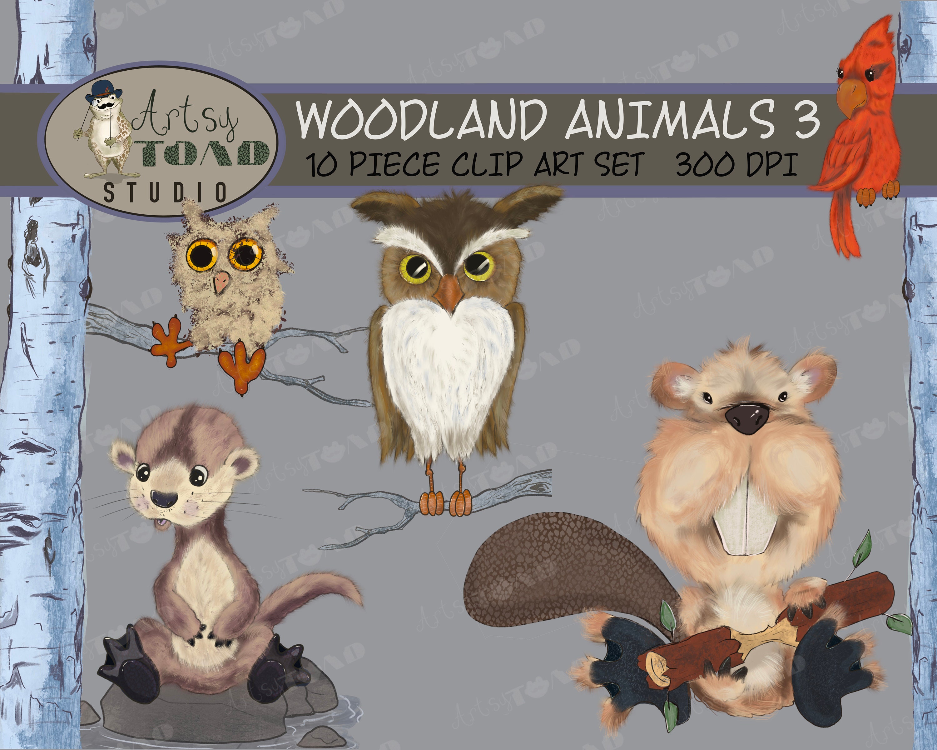 Woodland Animals Clip Art Set Beaver, Owls, Otter and Cardinal - Etsy
