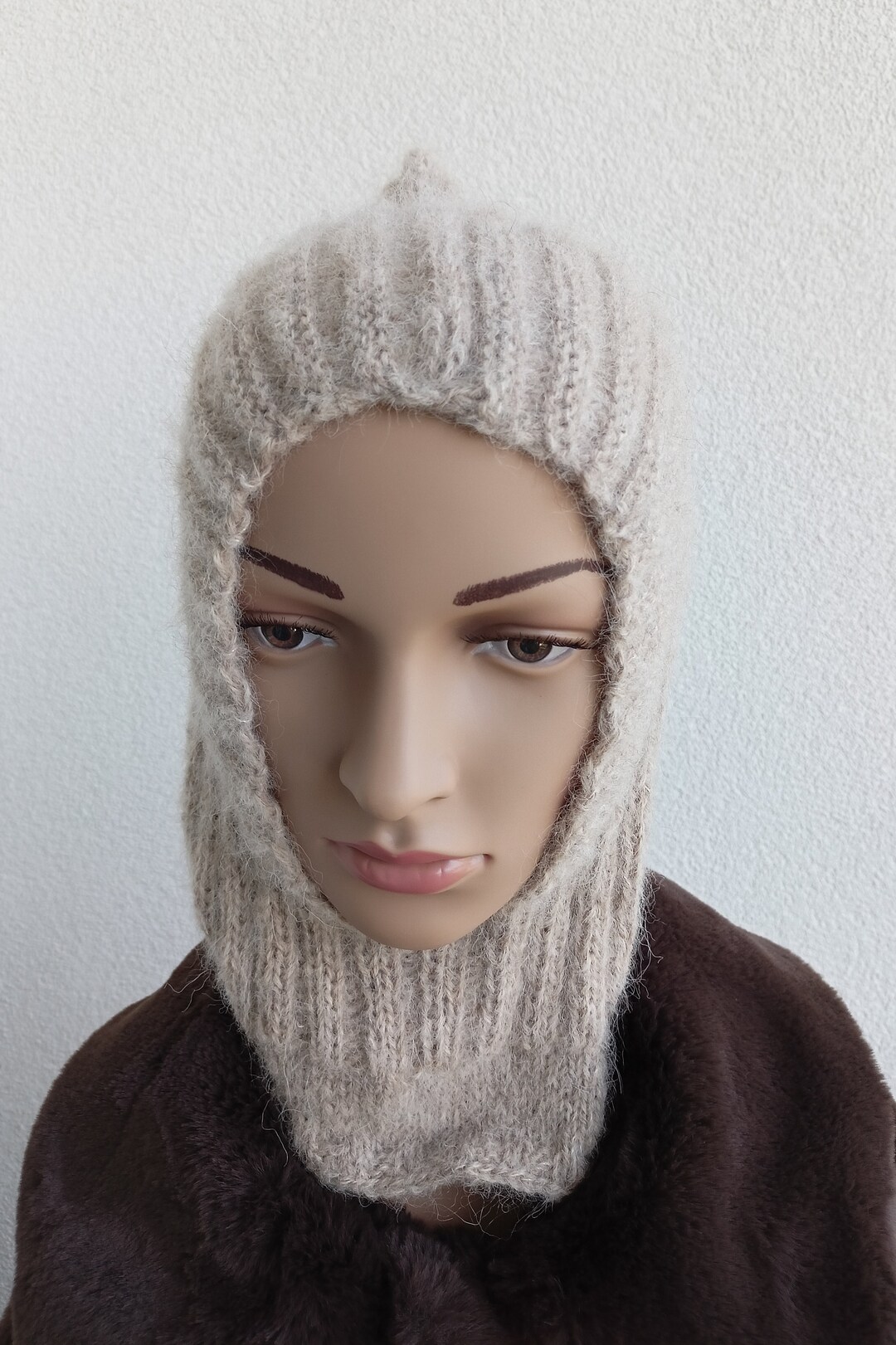 Beige Knit Woman Balaclava Hood - Alpaca Wool Blend, Hand-knitted ...