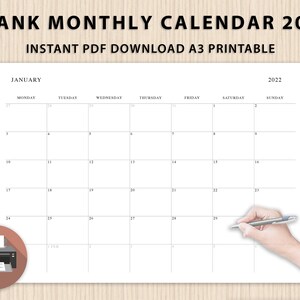 Blank Monthly Calendar 2022 Landscape A3 Printable Year - Etsy