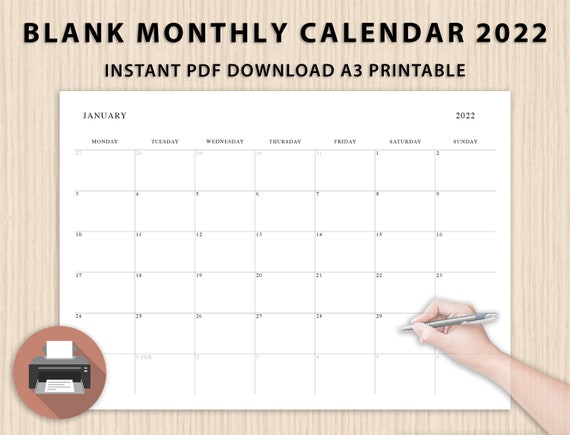 Blank Monthly Calendar 2022 Landscape A3 Printable Year | Etsy
