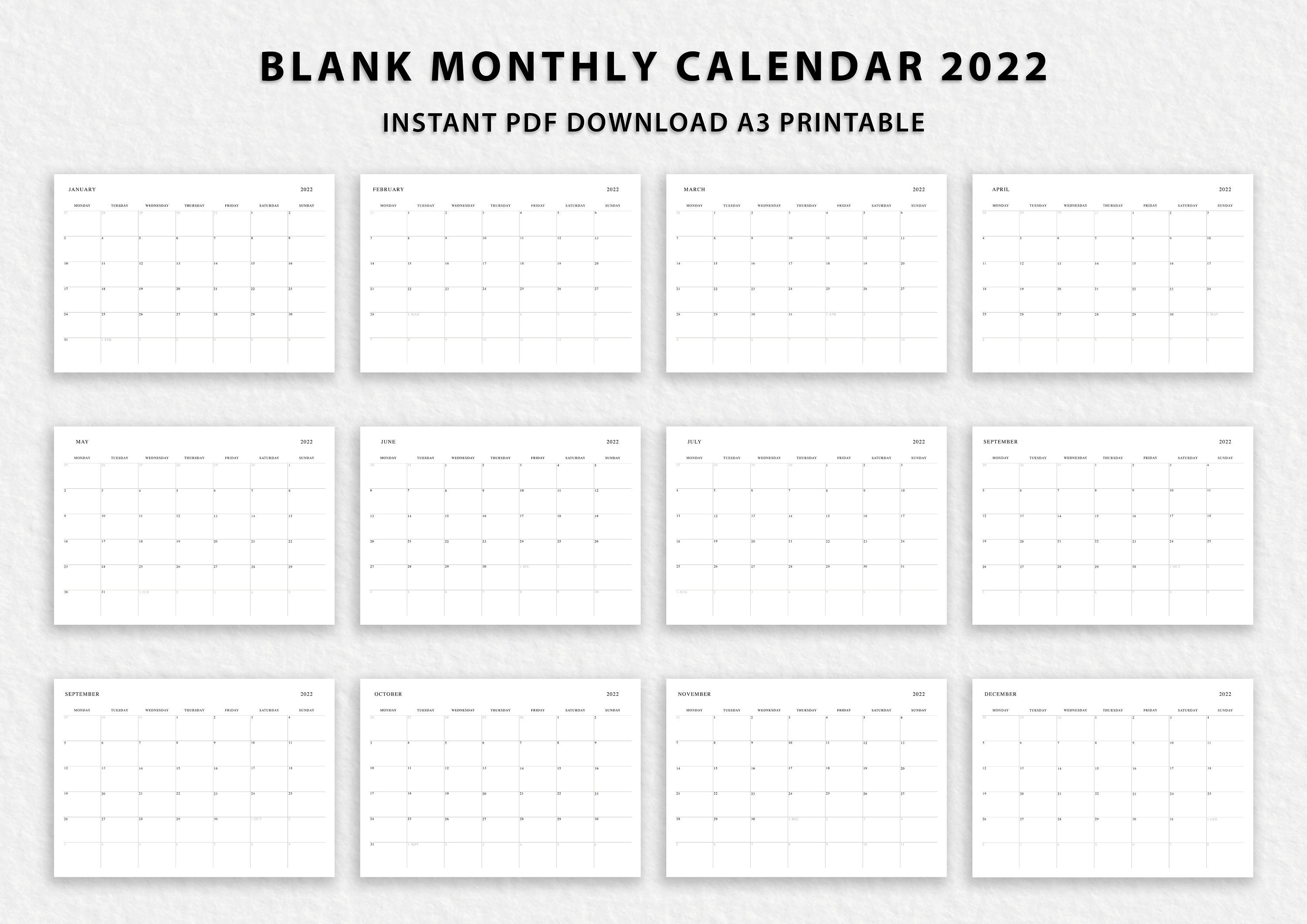 Blank Monthly Calendar 2022 Landscape A3 Printable Year - Etsy