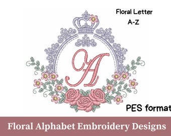 Floral Alphabet Embroidery Design PES | Floral Letter A-Z Monogram ...