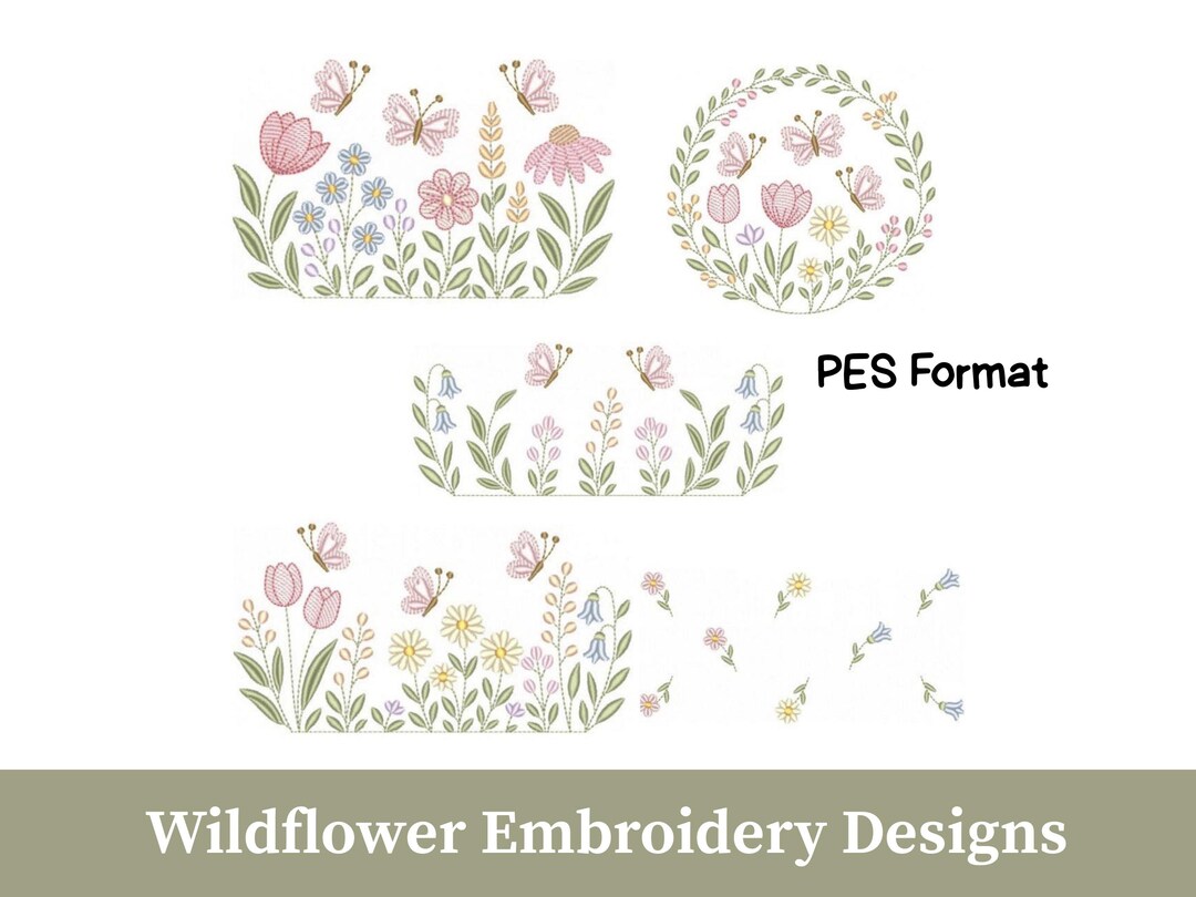 Wildflower Meadow Embroidery Designs PES | Floral Border & Wreath ...