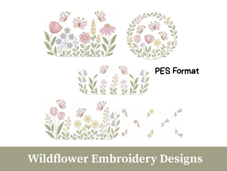 Wildflower Meadow Embroidery Designs PES | Floral Border & Wreath ...