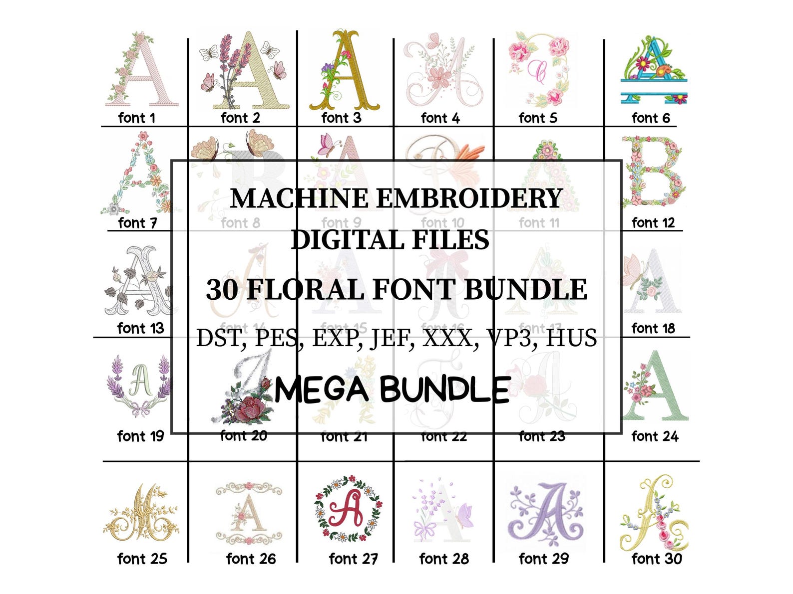30 Floral Font Alphabet Embroidery Mega Bundle, A-Z Full Flower ...
