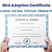 Pet Bird Adoption Certificate, Custom Editable Certificate Template for ...