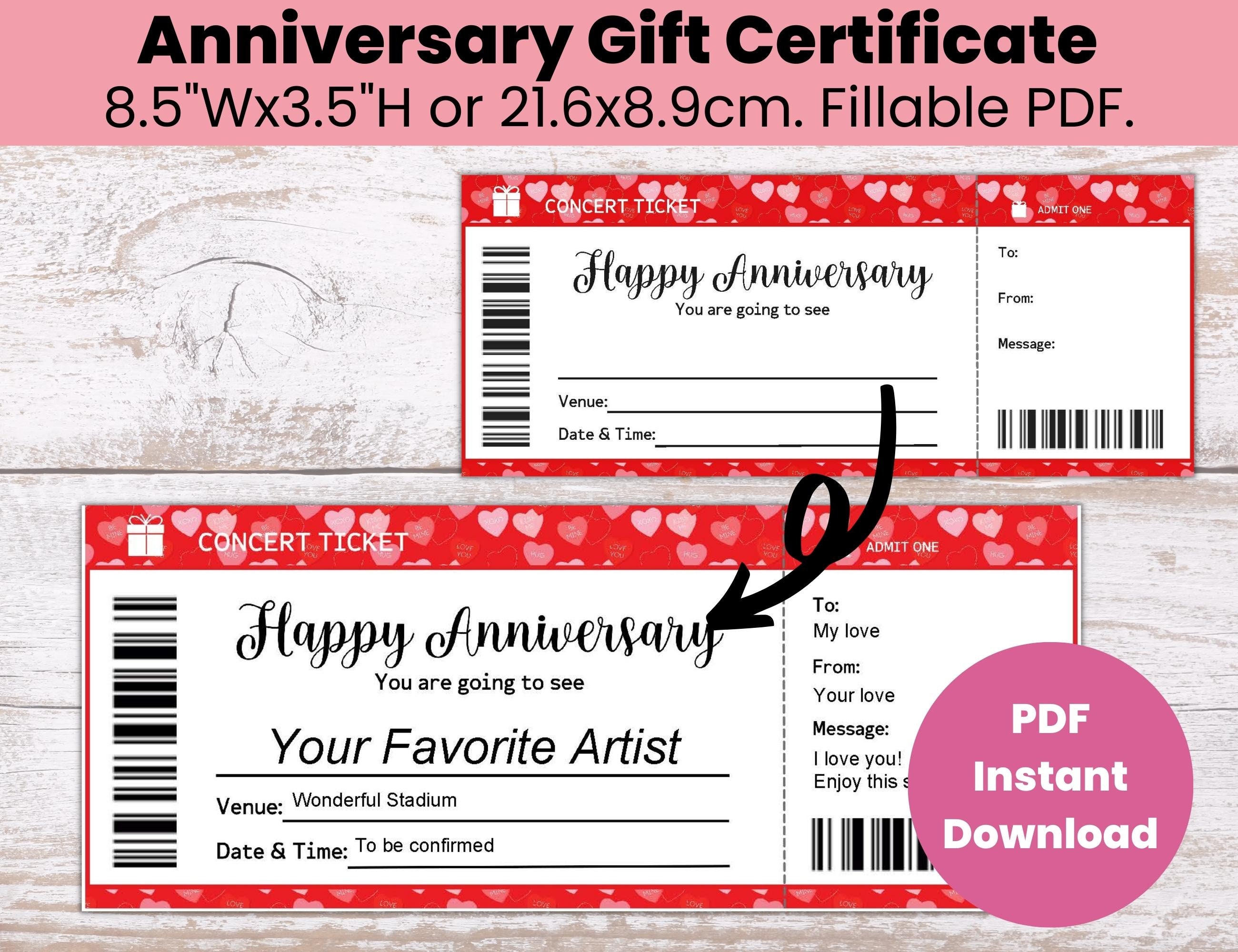 Anniversary Editable Concert Ticket Template Gift Certificate ...