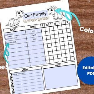 Editable Dinosaur Chore Chart for Kids Printable, Family Responsibility ...