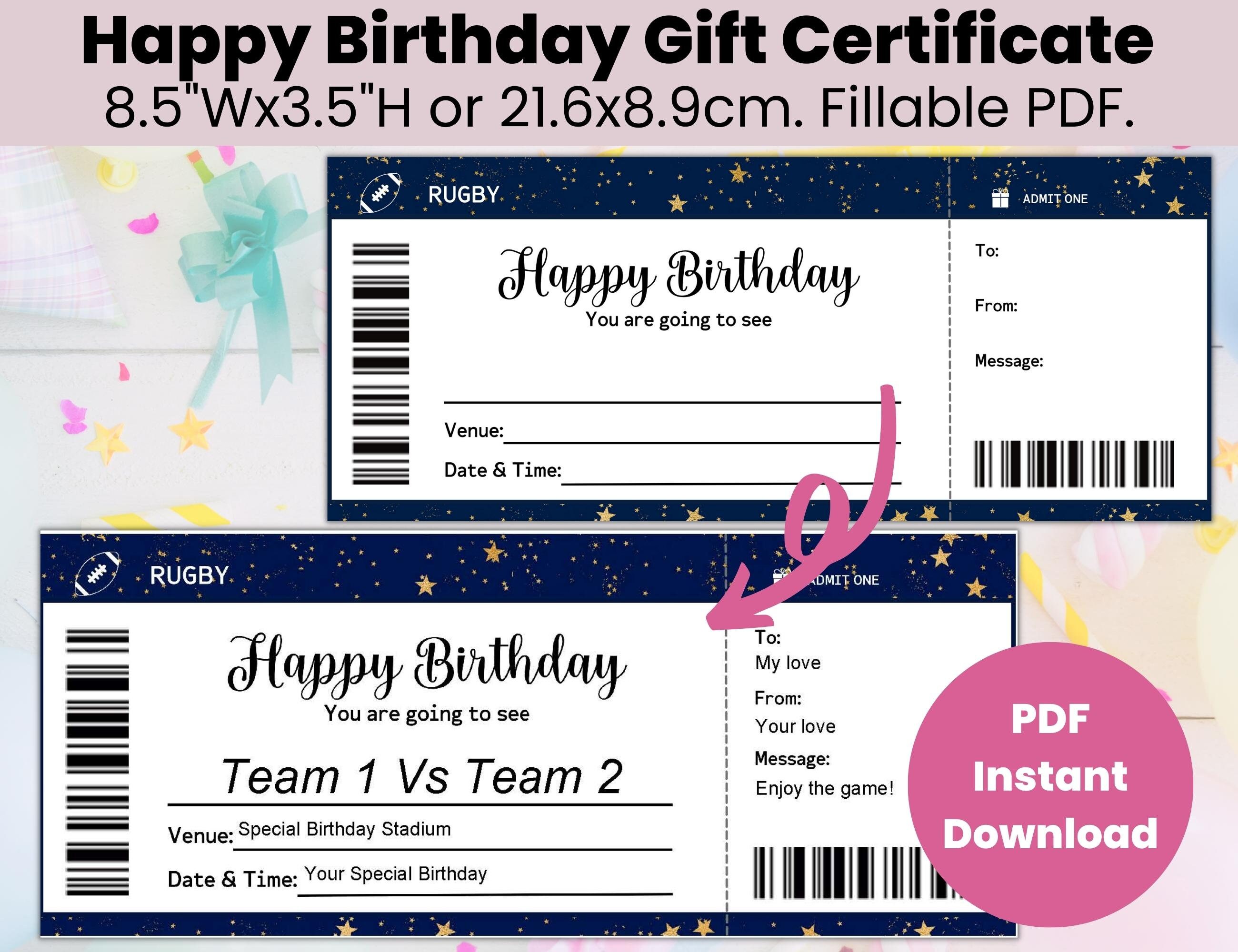 Rugby Game Ticket Gift Coupon Template, Custom Happy Birthday Rugby ...