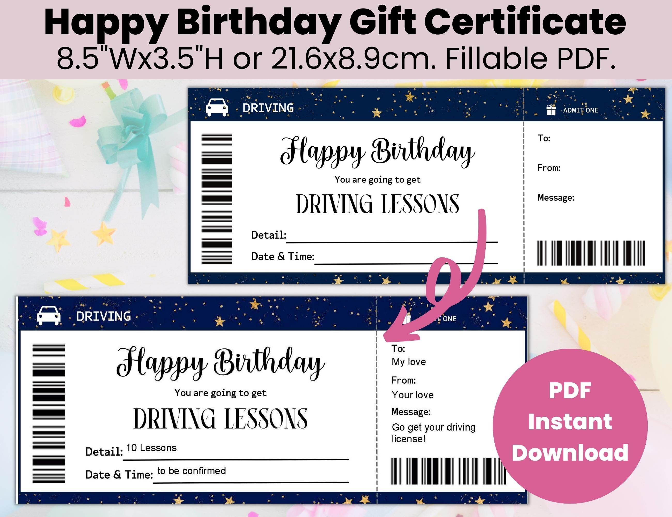 Driving Lessons Gift Voucher, Driving Test Gift Coupon Template, Custom ...