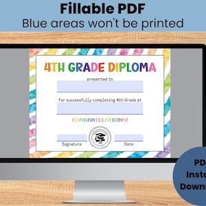 Forth Grade Diploma Certificate Template, Custom Printable 4th Grade ...