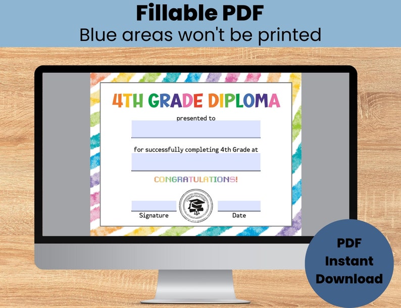 Forth Grade Diploma Certificate Template, Custom Printable 4th Grade ...