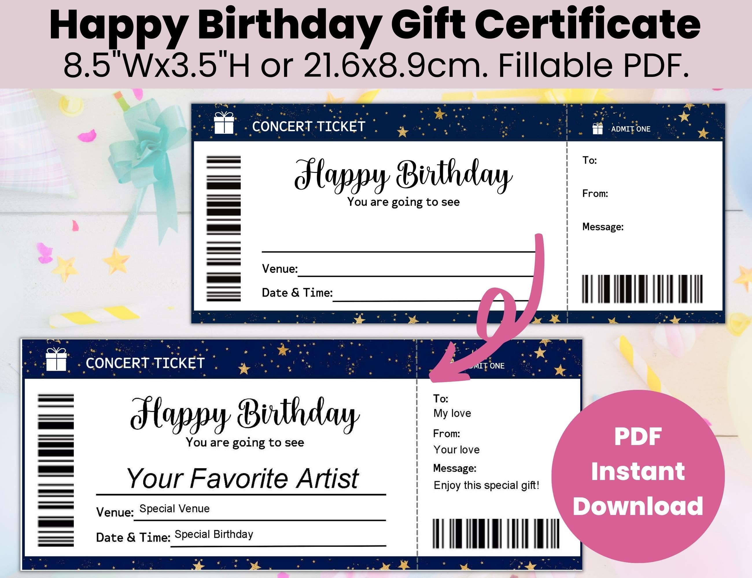 Concert Ticket Template for Birthday Gift Coupon, Custom Happy Birthday ...