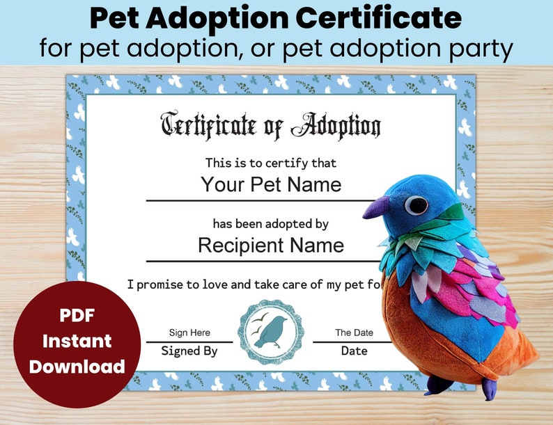 Pet Bird Adoption Certificate, Custom Editable Certificate Template for ...