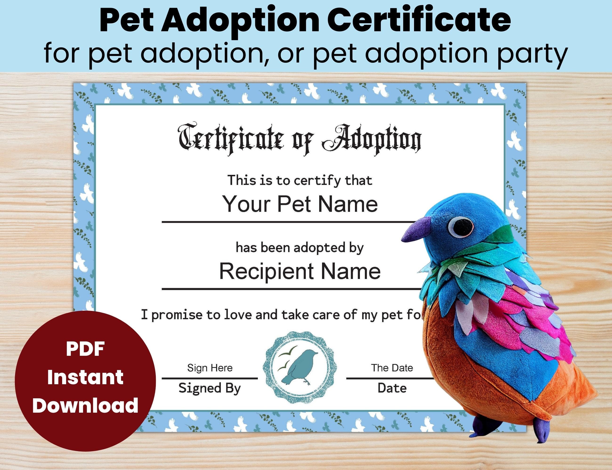 Pet Bird Adoption Certificate, Custom Editable Certificate Template for ...