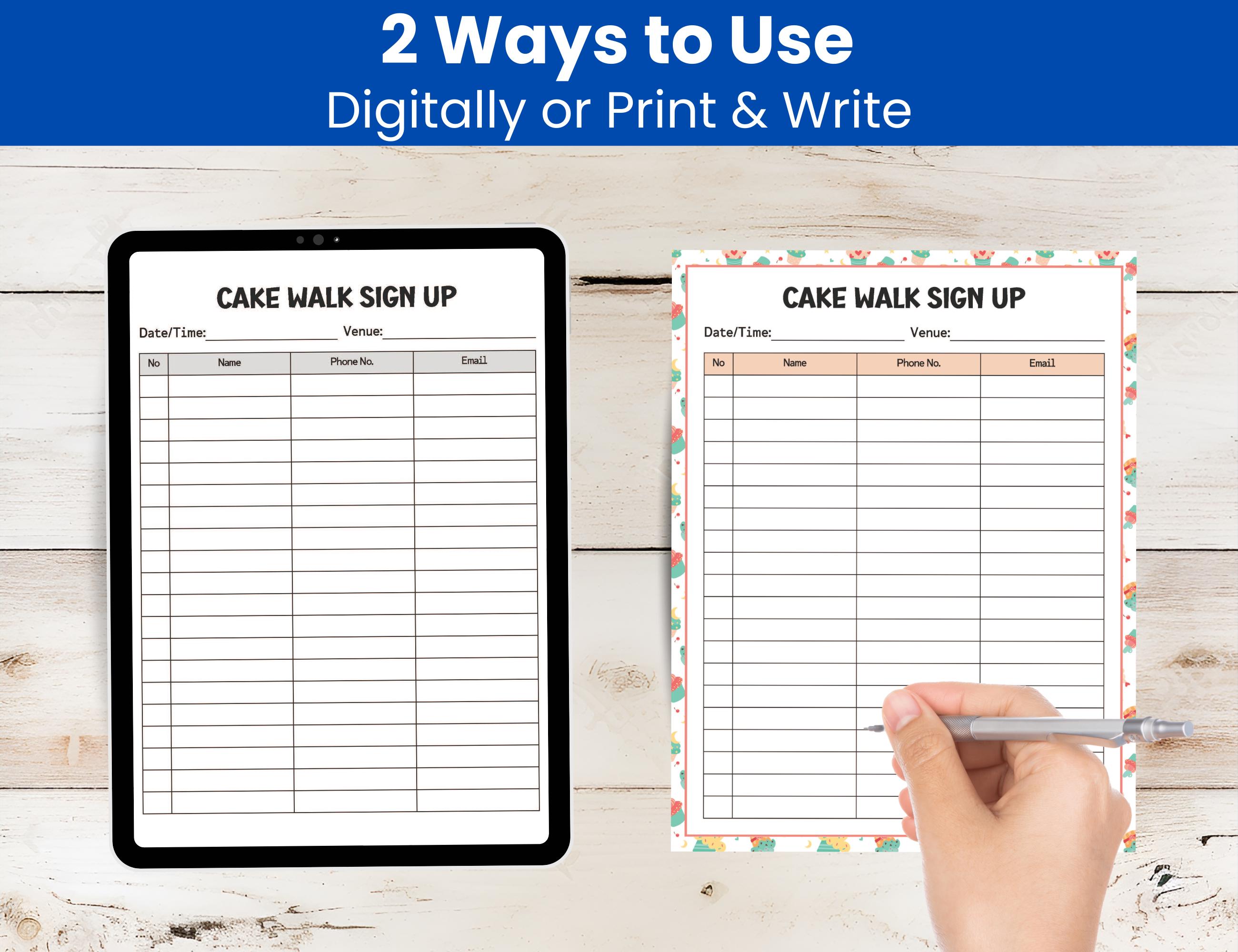 Cake Walk Sign up Sheet Template, Community Event, Fundraising Ideas ...