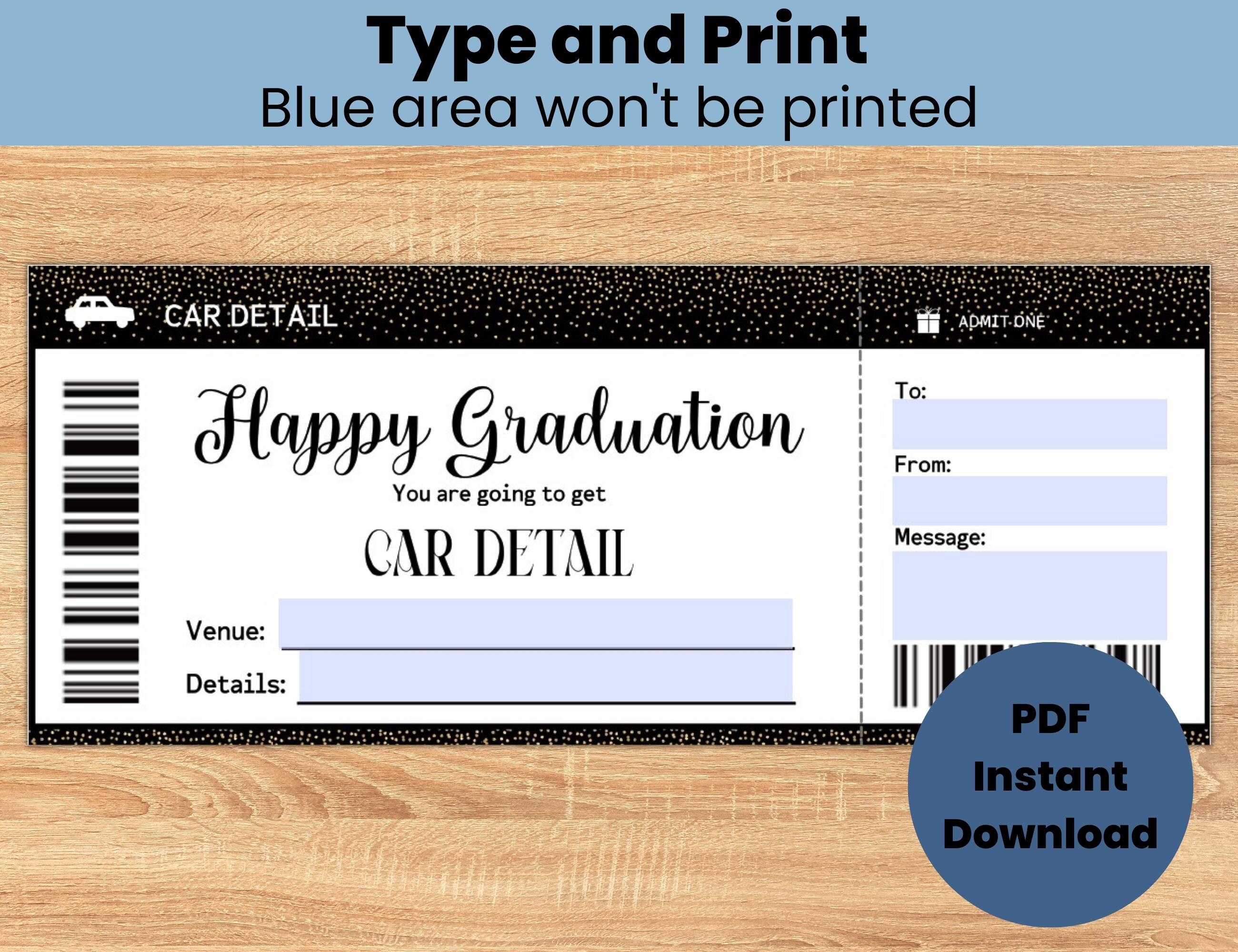Graduation Car Detail Gift Certificate, Car Detailing Gift Card for Car ...