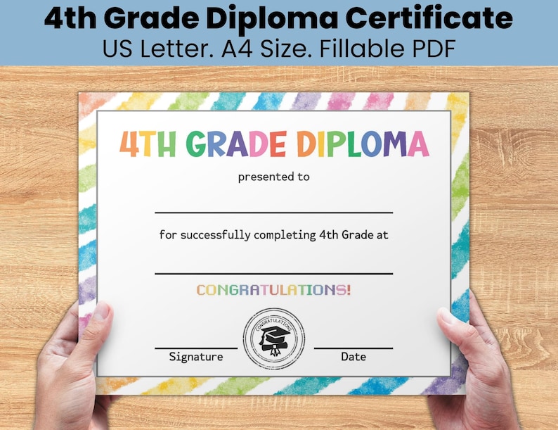 Forth Grade Diploma Certificate Template, Custom Printable 4th Grade ...