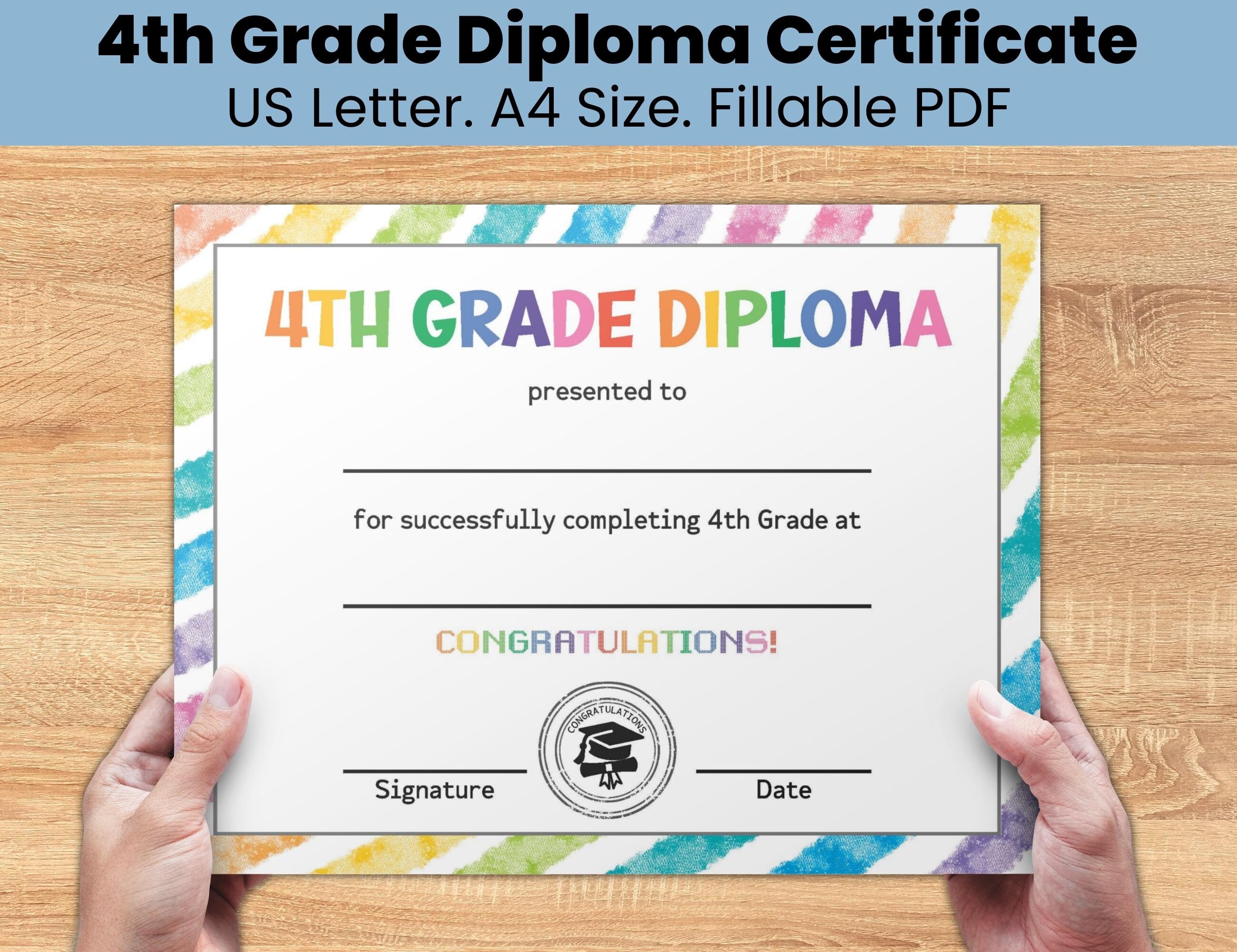 Forth Grade Diploma Certificate Template, Custom Printable 4th Grade ...