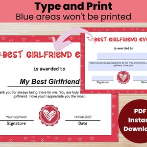 Best Girlfriend Ever Award Certificate, Personalized Love Certificate ...