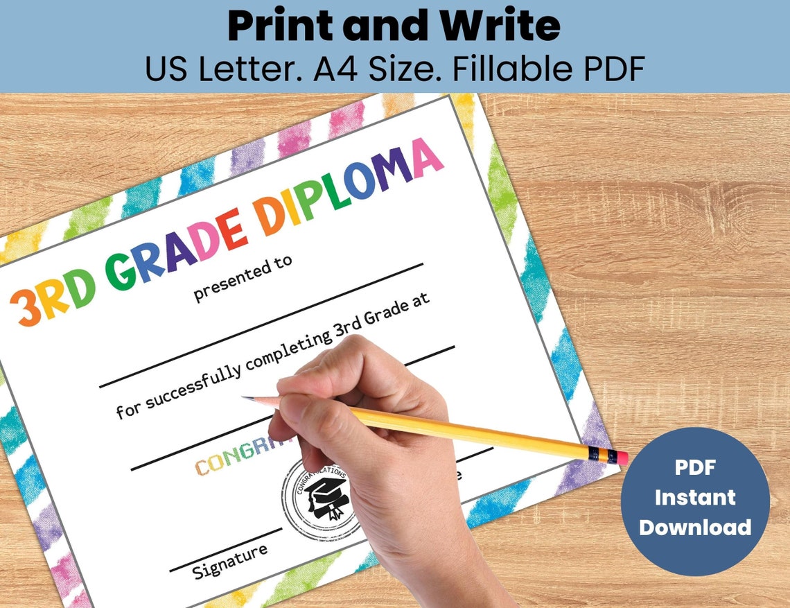 Third Grade Diploma Certificate Template, Custom Printable 3rd Grade ...