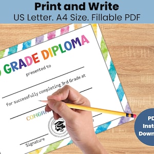 Third Grade Diploma Certificate Template, Custom Printable 3rd Grade ...