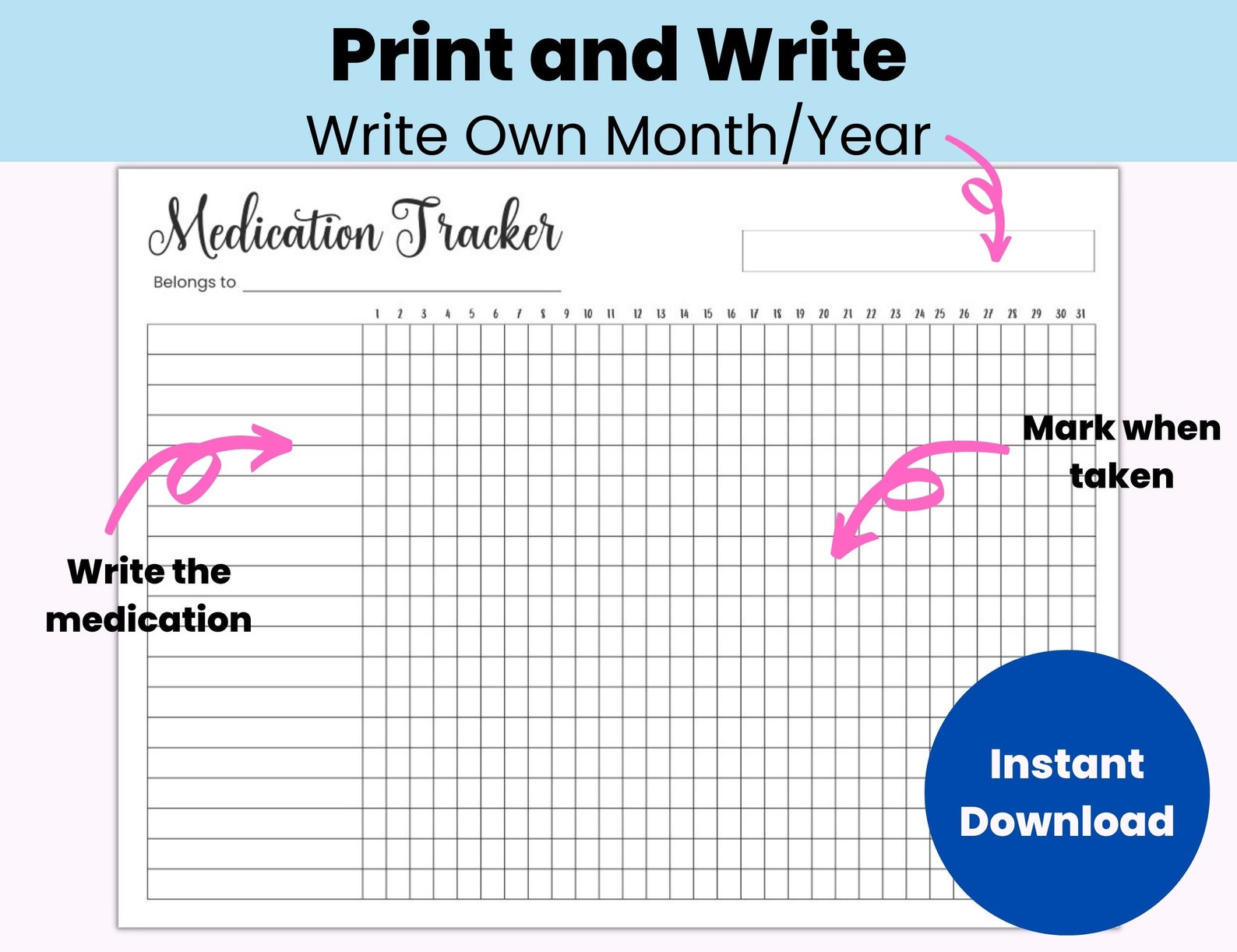 Monthly Medication Tracker Printable, Editable Medication Chart ...