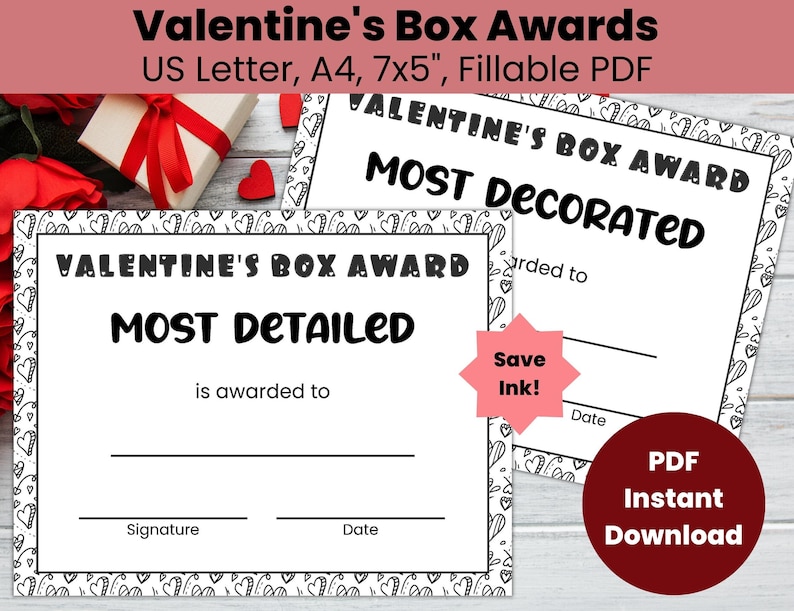 Valentines Box Contest Award Certificates, Black and White Valentines ...