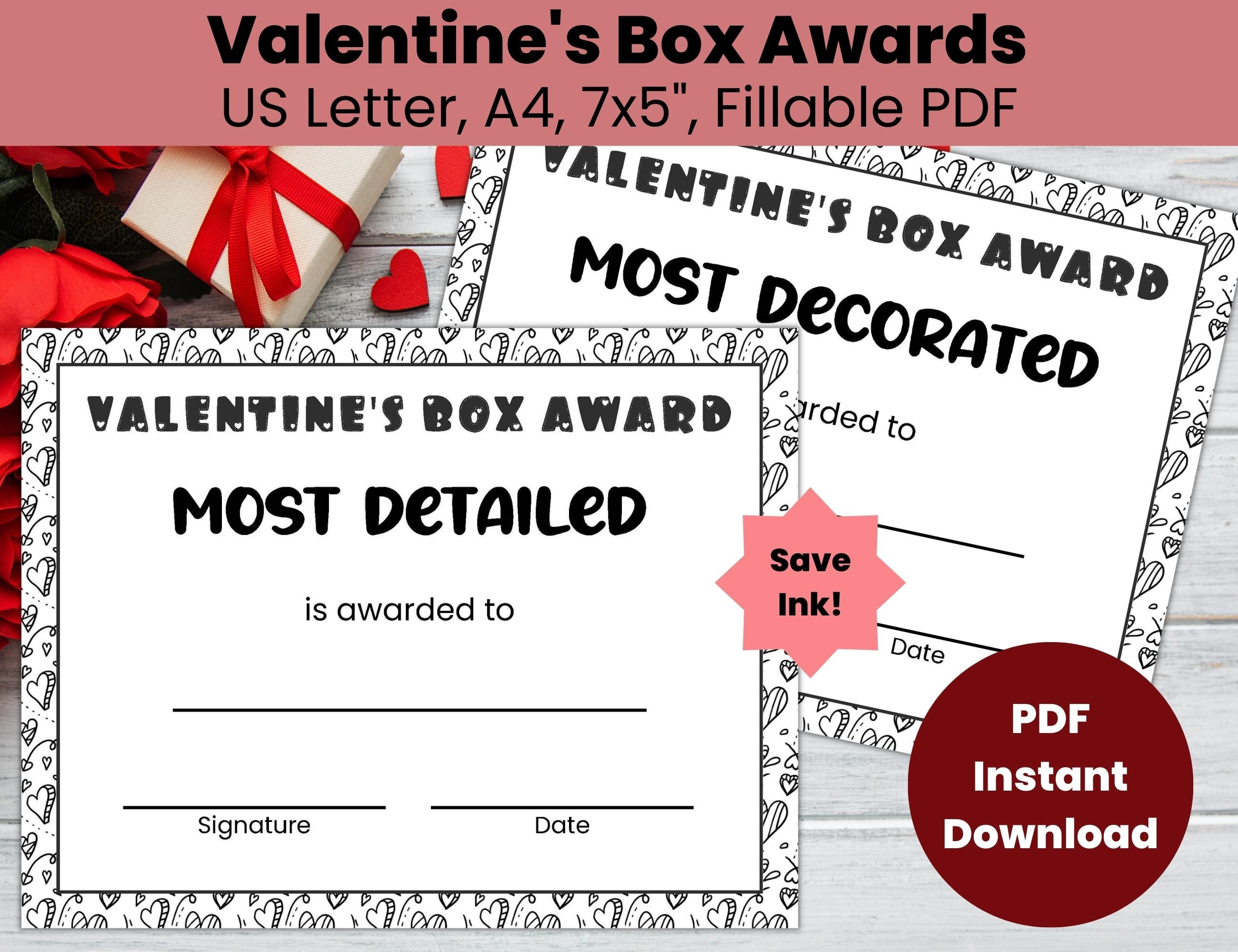 Valentines Box Contest Award Certificates, Black and White Valentines ...