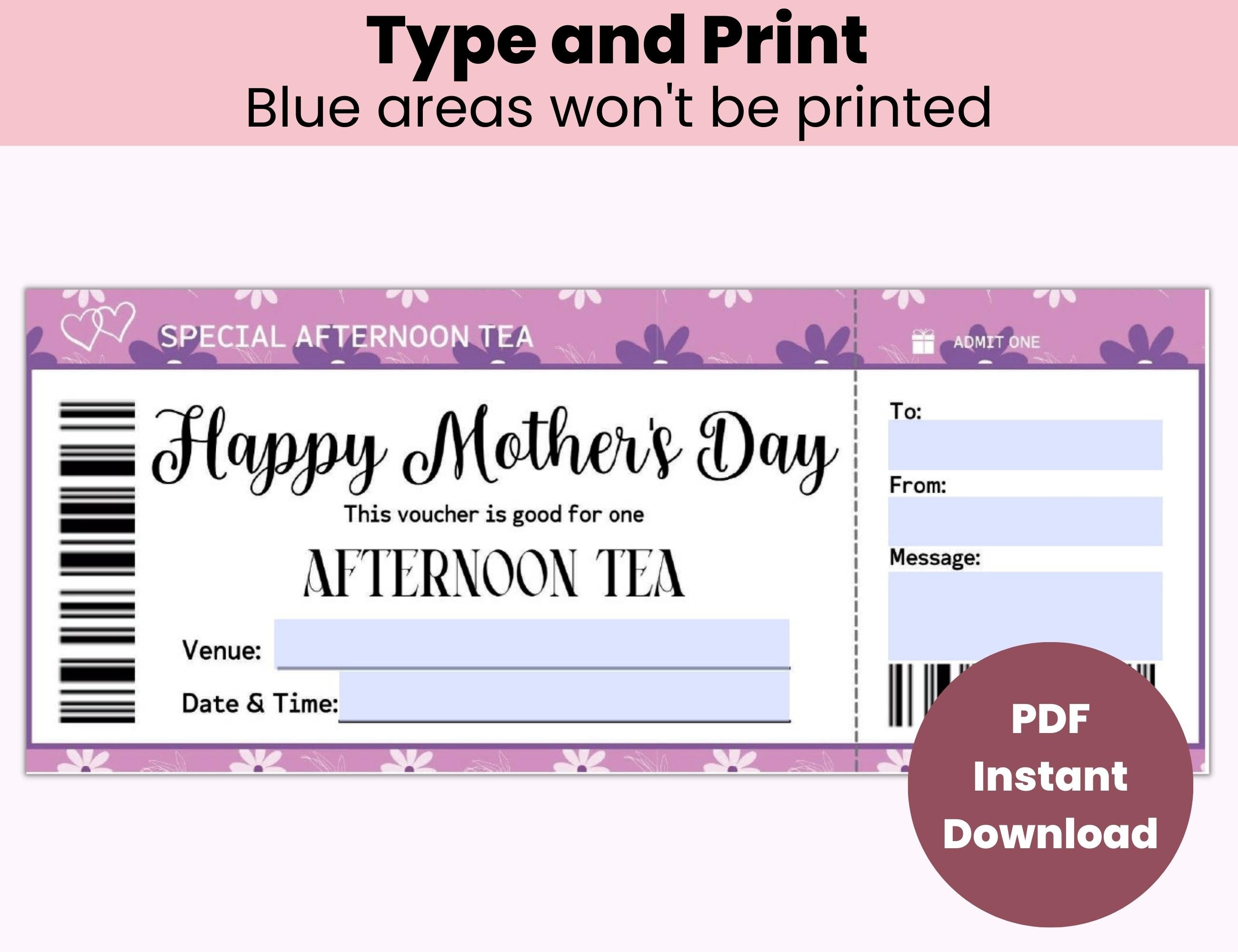 Personalized Mothers Day Afternoon Tea Gift Certificate, Appreciation ...