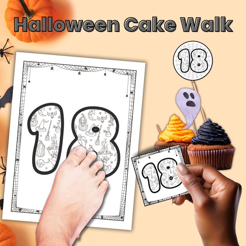 Halloween Cake Walk Game in Black and White, Halloween Cupcake Topper ...